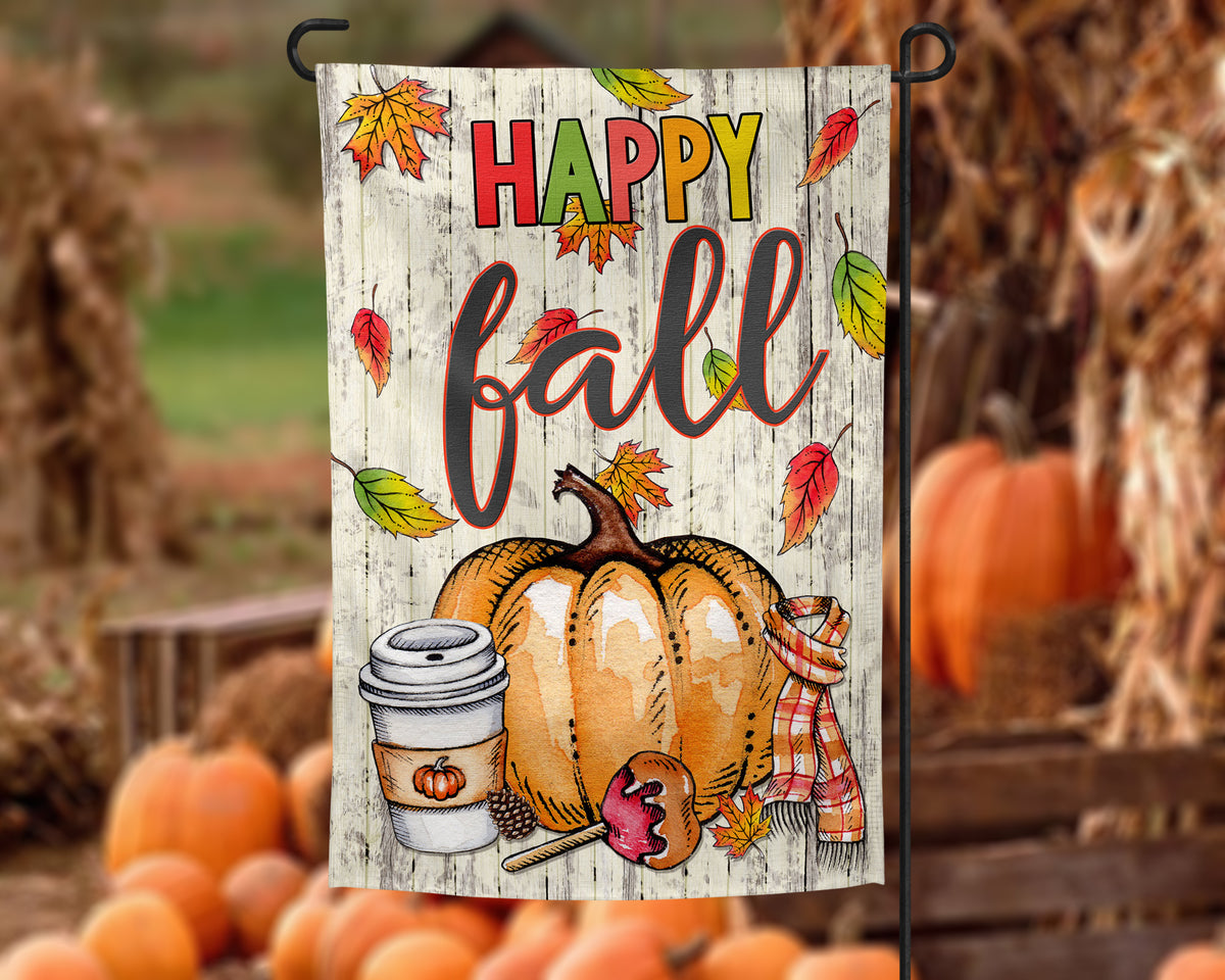 Happy Fall Pumpkin, Scarf, Coffee Garden Flag – Blue Ribbon Designs
